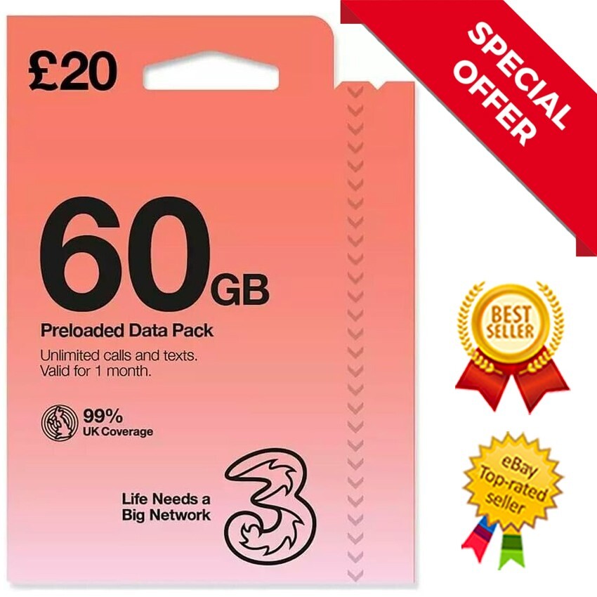 60GB Data Three UK SIM Card Pay As You Go With Unlimited Mins & Texts ...