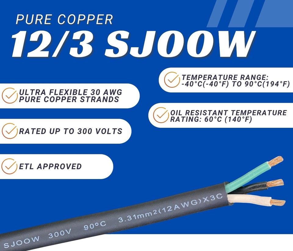 WindyNation 2-DAY SHIPPING 12/3 SJOOW Cable 12 Gauge 3 Conductor 300V ...