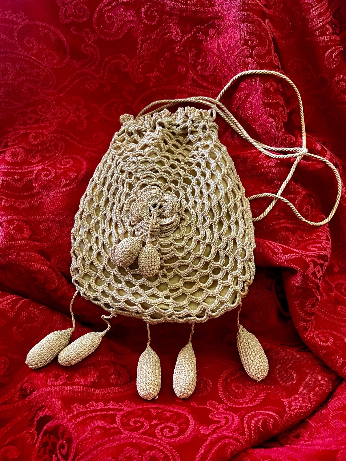 Vintage Crochet Reticule- Victorian Wedding Purse - Gem