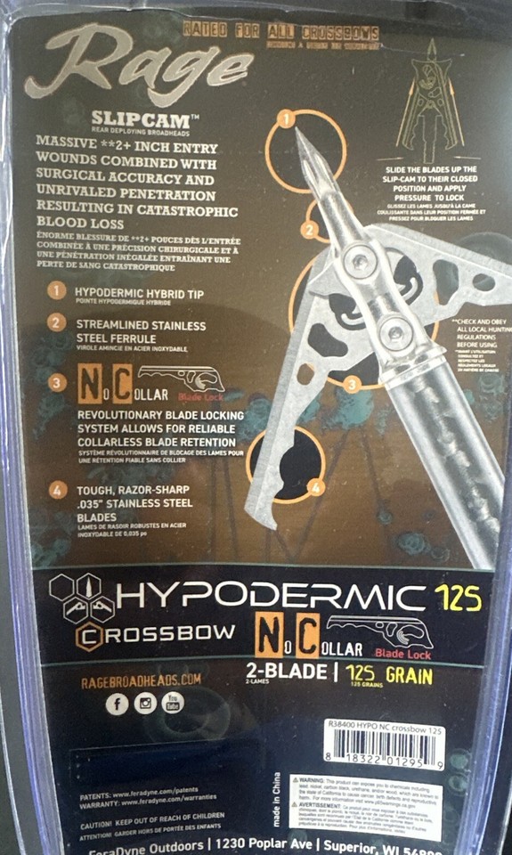 Rage Hypodermic Crossbow NC Broadhead 125 Grain 3-Pack BRAND NEW | eBay