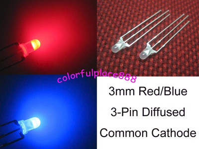 1000 x 3mm Dual Bi-Color Red/Blue Diffused Bright 3-Pin Led Common ...