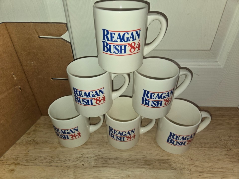 1984 BOX OF 6 NEW UNUSED REAGAN BUSH '84 RED WHITE BLUE GALAXY COFFEE ...