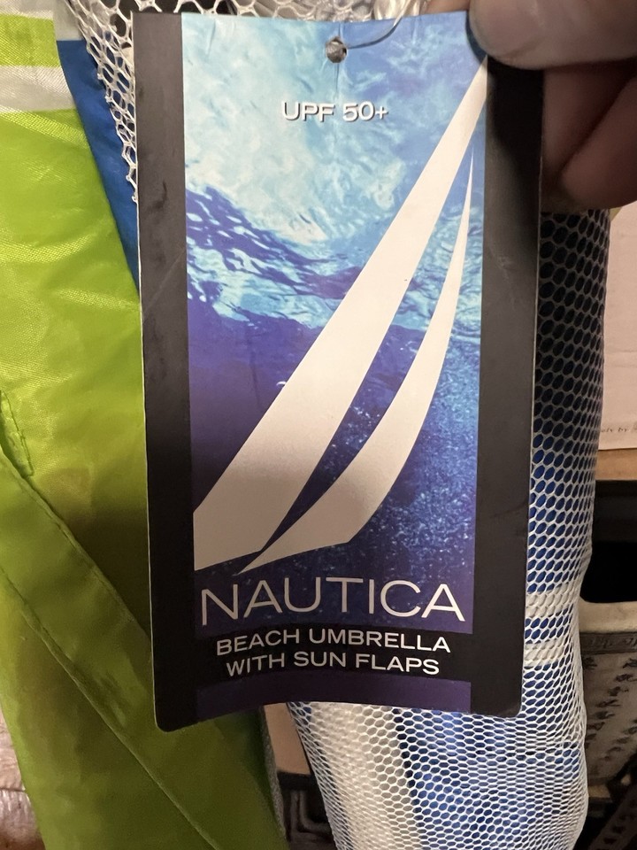 NAUTICA Beach Umbrella 7 ft Blue Sun Flaps Shade Tilt Steel Pole Vented ...