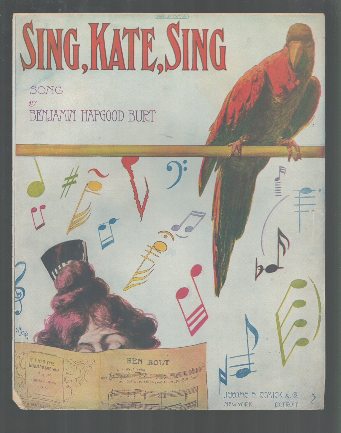 SING KATE SING Benjamin Hapgood Burt 1909 PARROT Comic Vintage Sheet ...