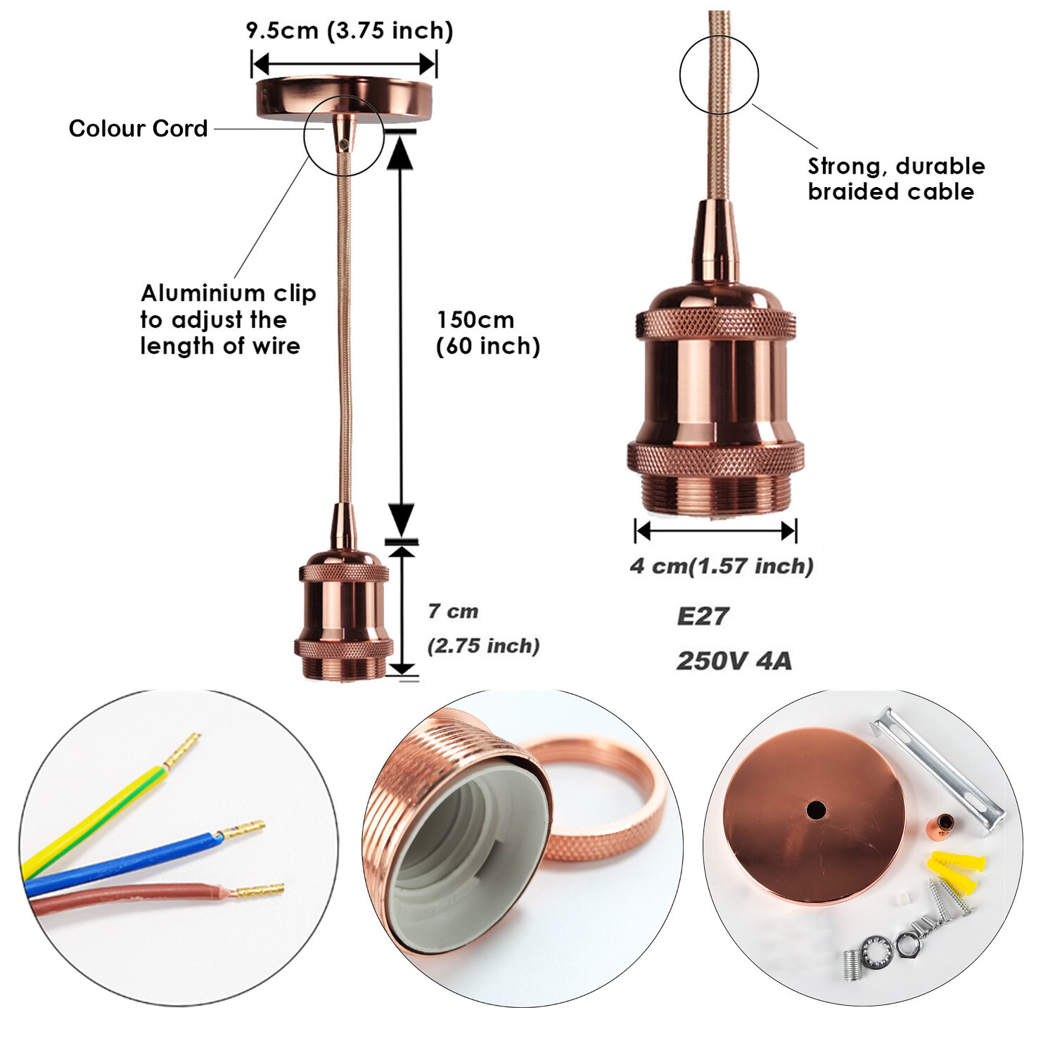 E27 Vintage Light Fitting Ceiling Rose Fabric Cable Pendant Lamp Holder ...