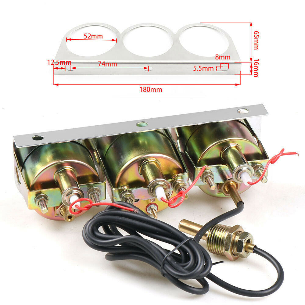 Universal 2" 52mm Chrome Volt Water Oil Pressure Triple 3 Gauge Set ...