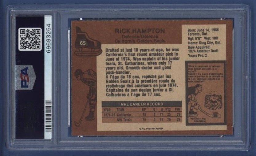 1975-76 O-PEE-CHEE #65 RICK HAMPTON PSA 8 NM-MT California Golden Seals ...