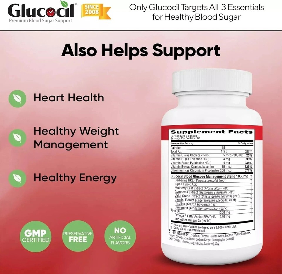 Glucocil 30-Day Supply 120CT – Premium Blood Sugar Support 2+ Million ...