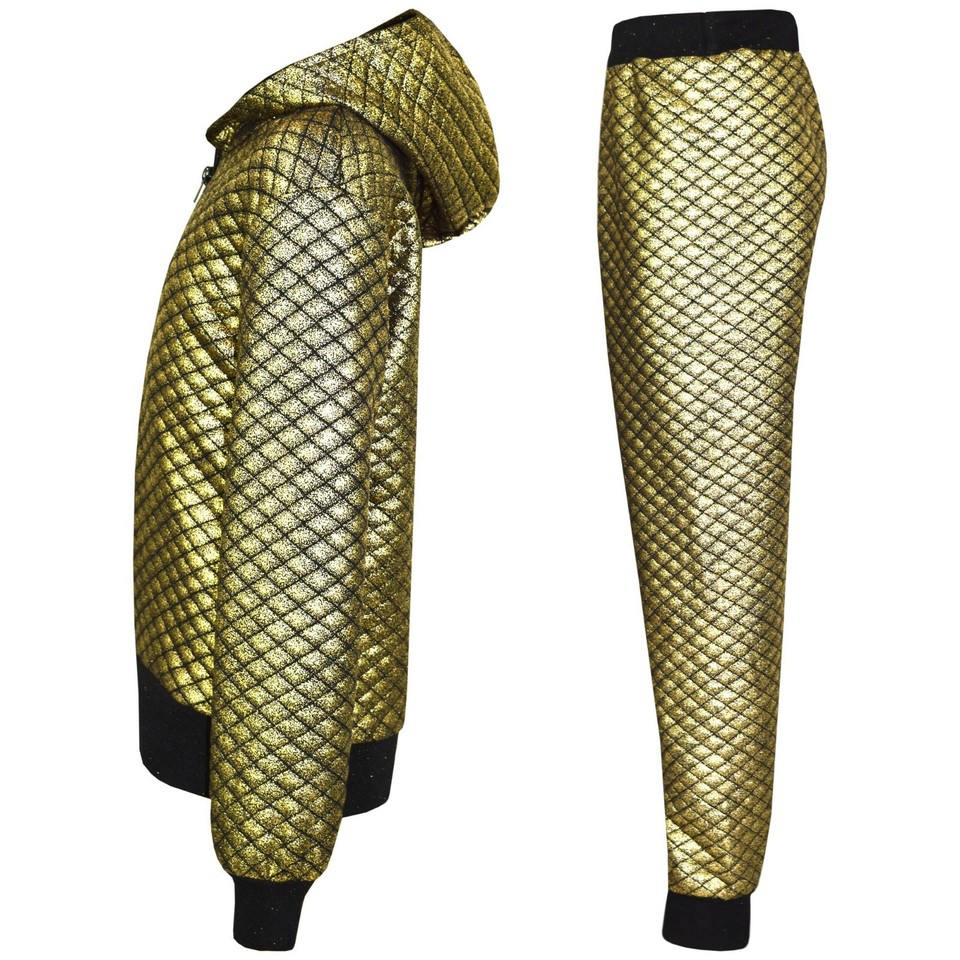 Kids Girls Golden Tracksuit Shiny Quilted Hooded Top Bottom Jogging ...
