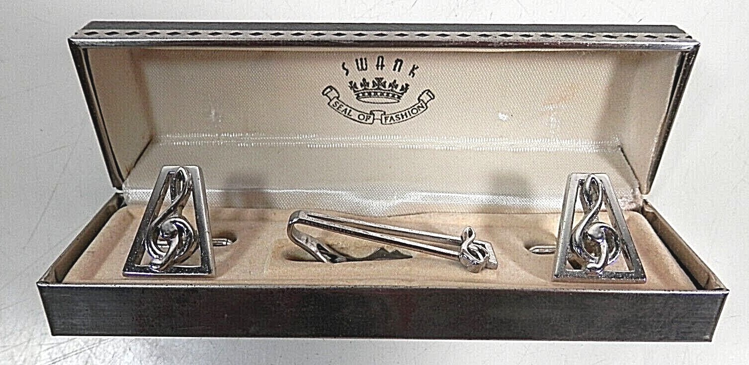 SWANK Cuff Link & Tie Clasp Set Silver Tone Metal Mus… - Gem