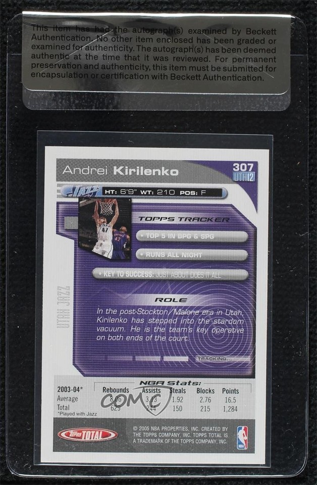 BAS 2004-05 Topps Total Andrei Kirilenko #307 Seal of Authenticity Auto ...