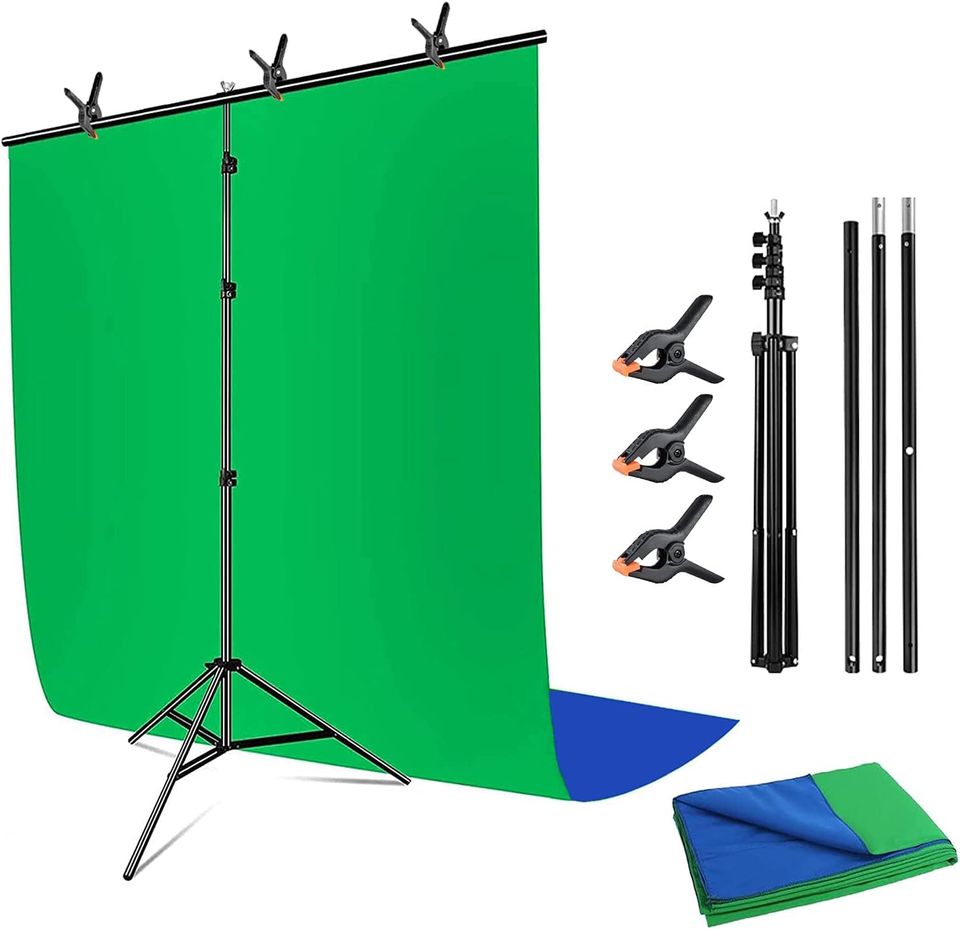 2-In-1 Green Blue Collapsible Screen Backdrop with Stand & Clamps, 1.8M ...