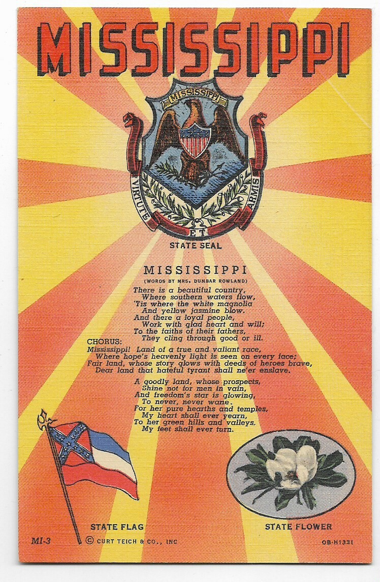 LARGE LETTER MISSISSIPPI,STATE SEAL,FLOWER & POEM -CT 1940 | eBay