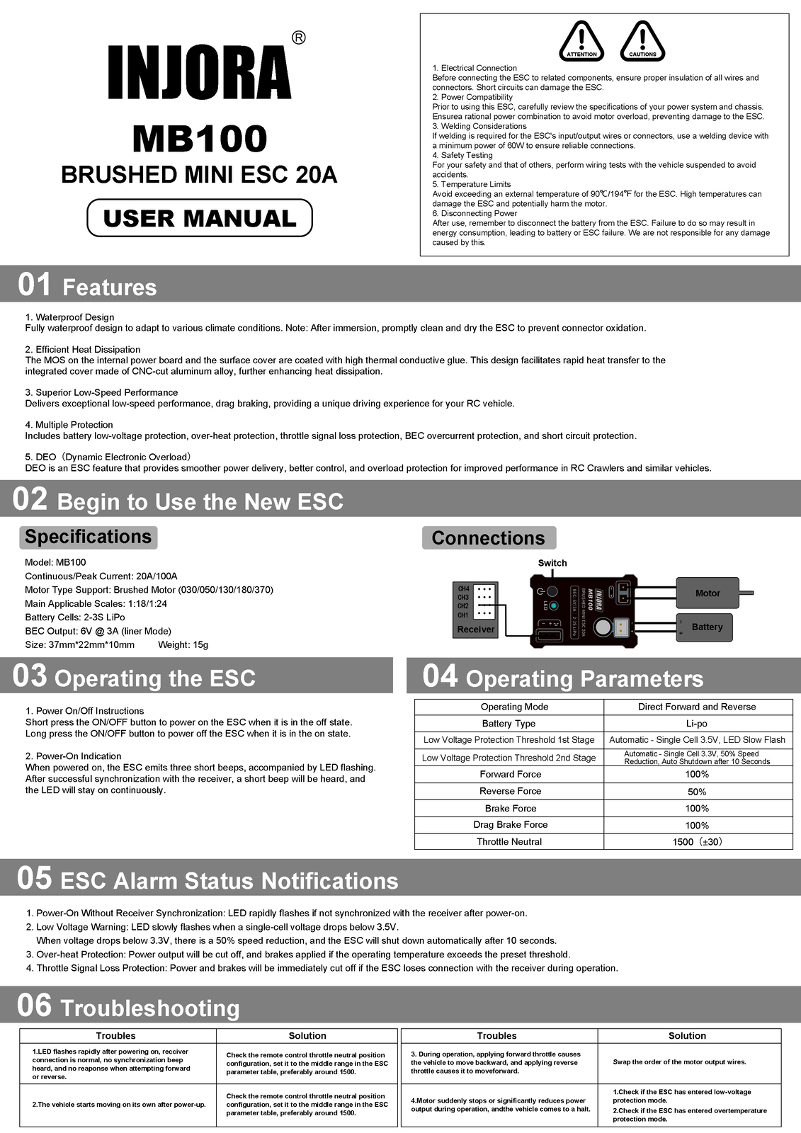 INJORA MB100 Brushed Mini ESC 20A for RC Crawler SCX24 AX24 TRX4M FCX24 ...