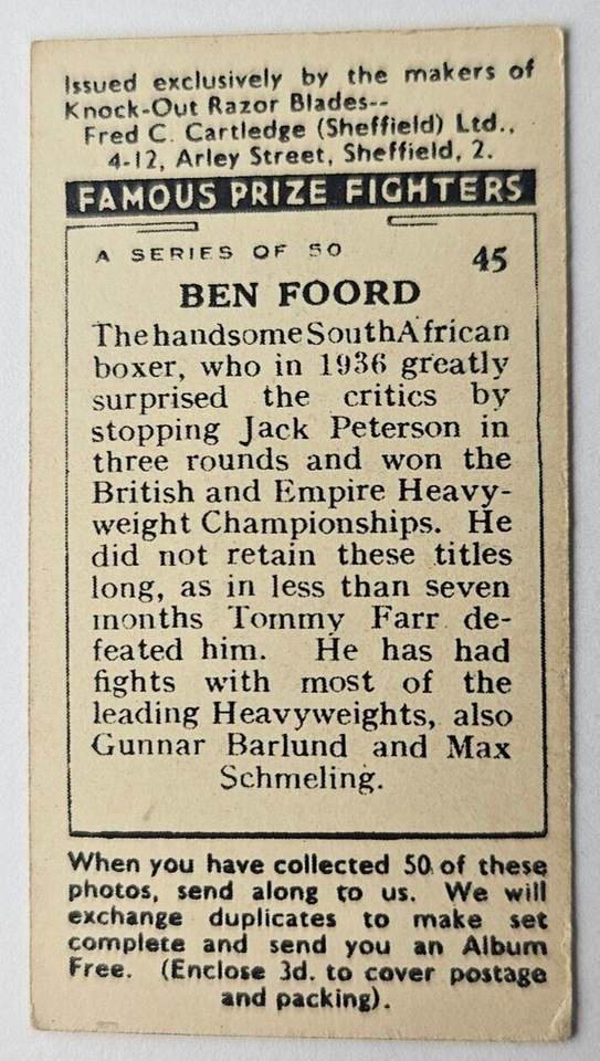 1938 Cartledge Razor Famous Prize Fighters Glossy #45 Ben Foord (B) | eBay