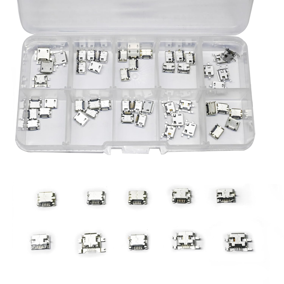 50 Pcs 10 Types Micro USB Female Connector Set, 5-Pin Micro USB Ports ...