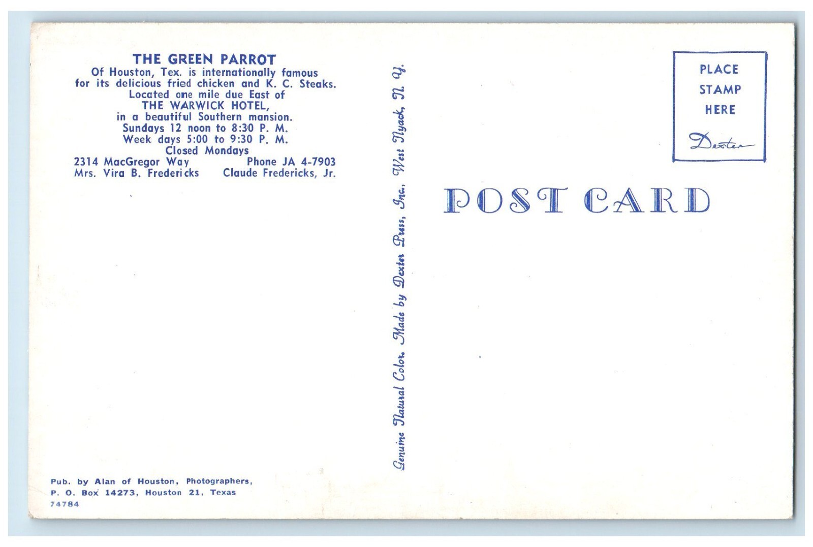 c1950's The Green Parrot Restaurant Houston Texas TX Unposted Vintage ...