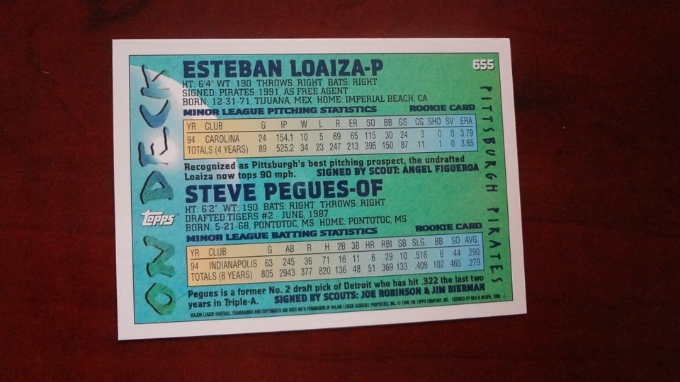 1995 TOPPS ON DECK #655 ESTEBAN LOAZIA STEVE PEGUES BASEBALL CARD | eBay