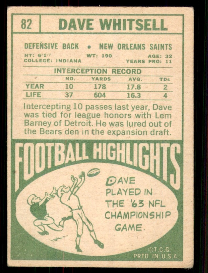 1968 TOPPS DAVE WHITSELL NEW ORLEANS SAINTS #82 | eBay