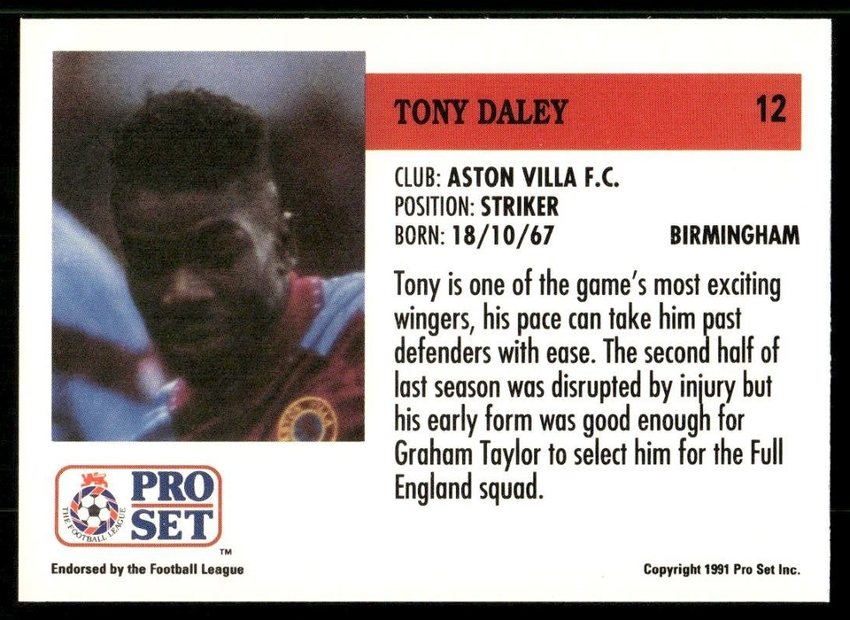 1991-92 Pro Set English League #12 Tony Daley Aston Villa soccer card ...