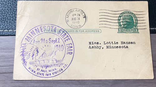 postal card UX27a, 1940, for Minnesota State Fair, to Ashby, Minnesota ...