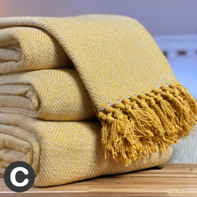 Luxury Cotton Large Double King Ochre Mustard Yellow Herringbone Throw ...