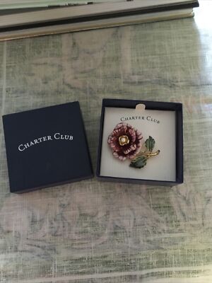 New Charter Club Goldtone Pink Flower Pin Brooch In Original Box | eBay