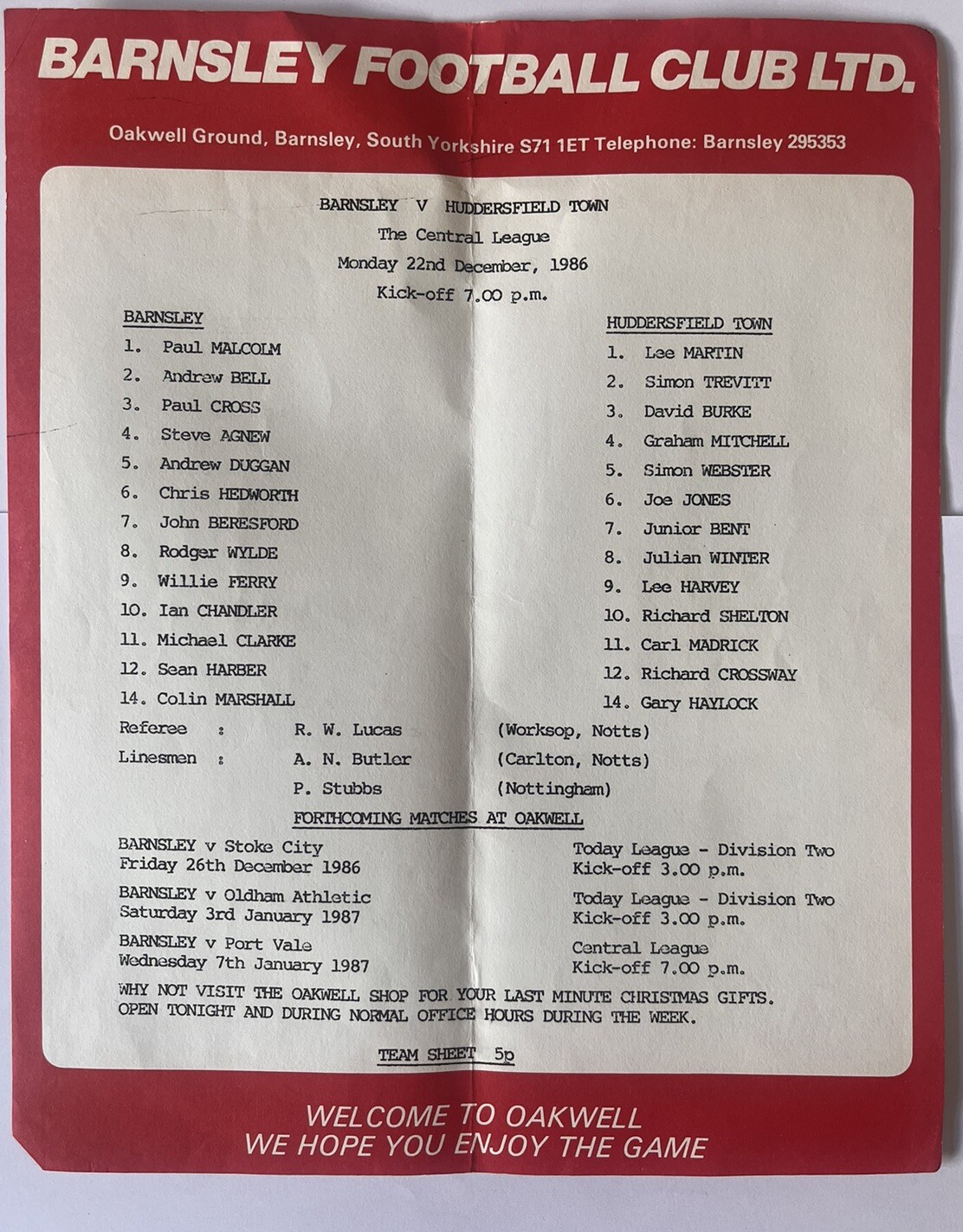 Barnsley v Huddersfield Town The Central League 22nd December 1986 ...