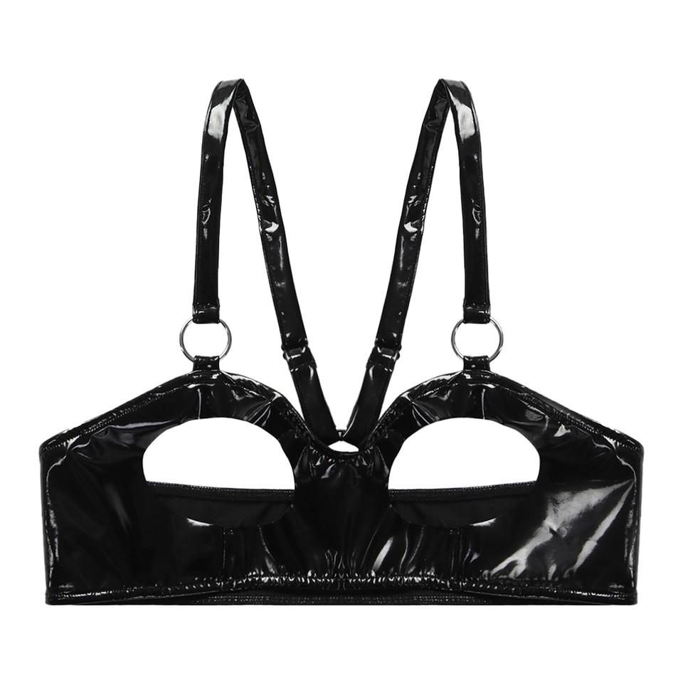 Women Shiny Leather Bra Top Open Bust Chest Harness Babydoll Lingerie ...