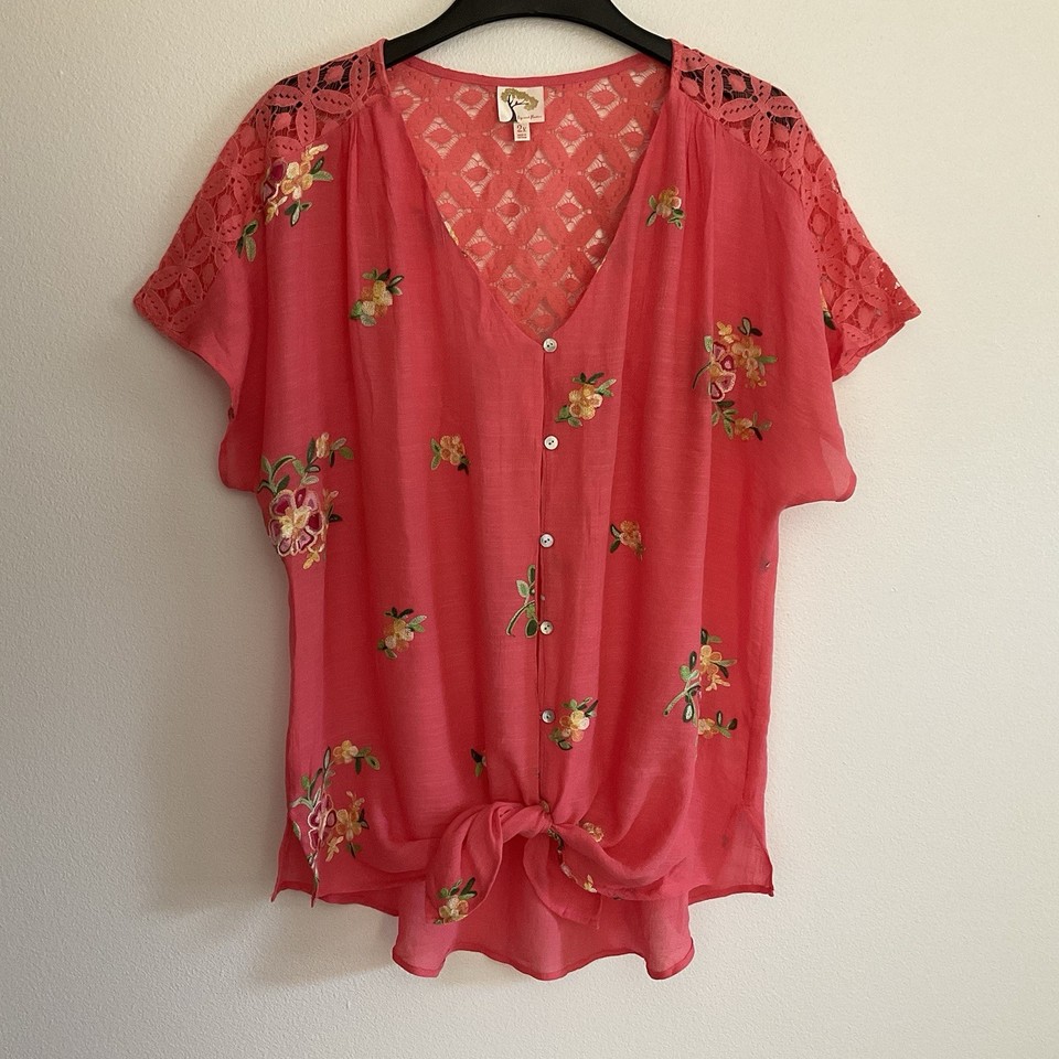 Fig And Flower Women Plus Size 2X Orange Floral Embroidered Lace Button ...