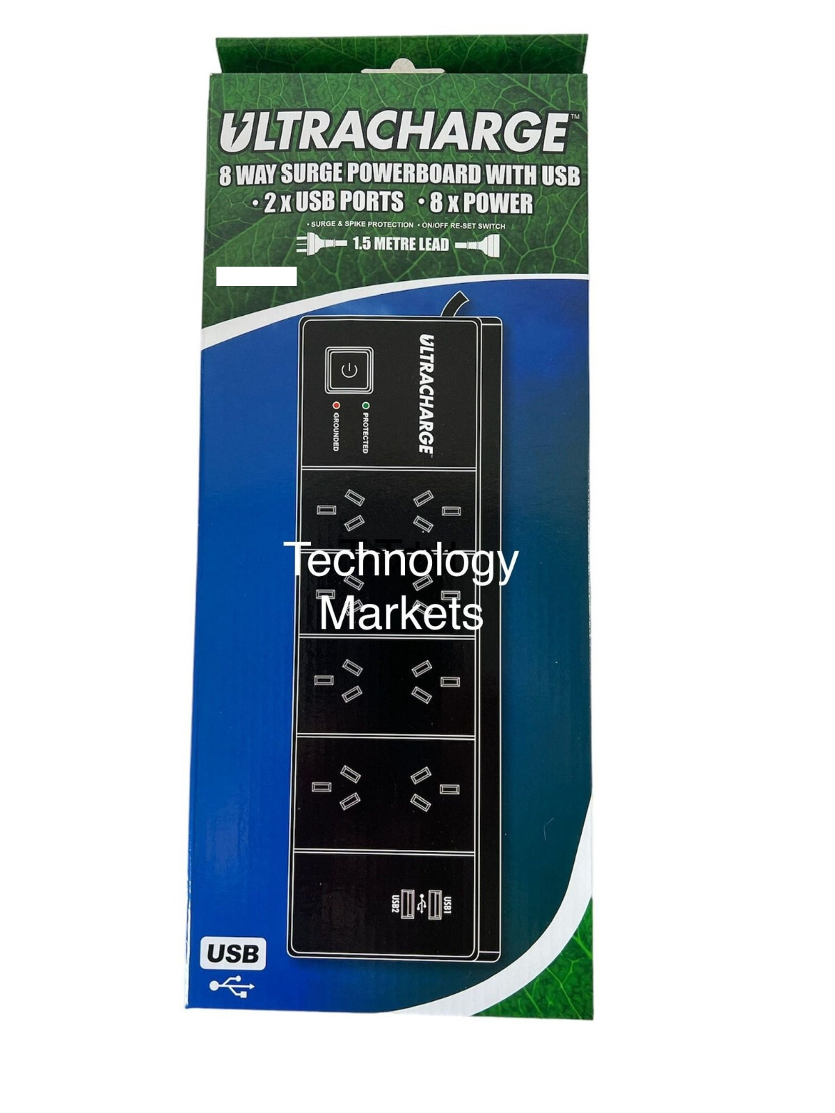 8-Way Power Board Extension Cord 2 X USB Charger Outlet Surge Protected ...