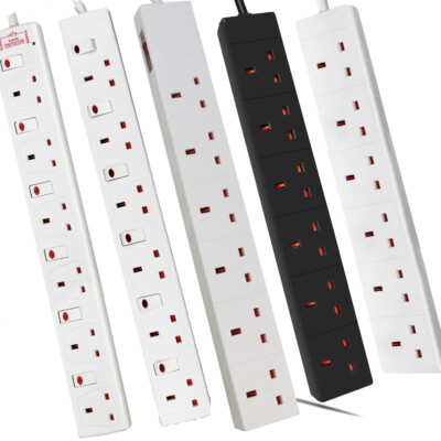 6 Socket 1m 2m Extension Lead Cable Surge Protected With Individual ...