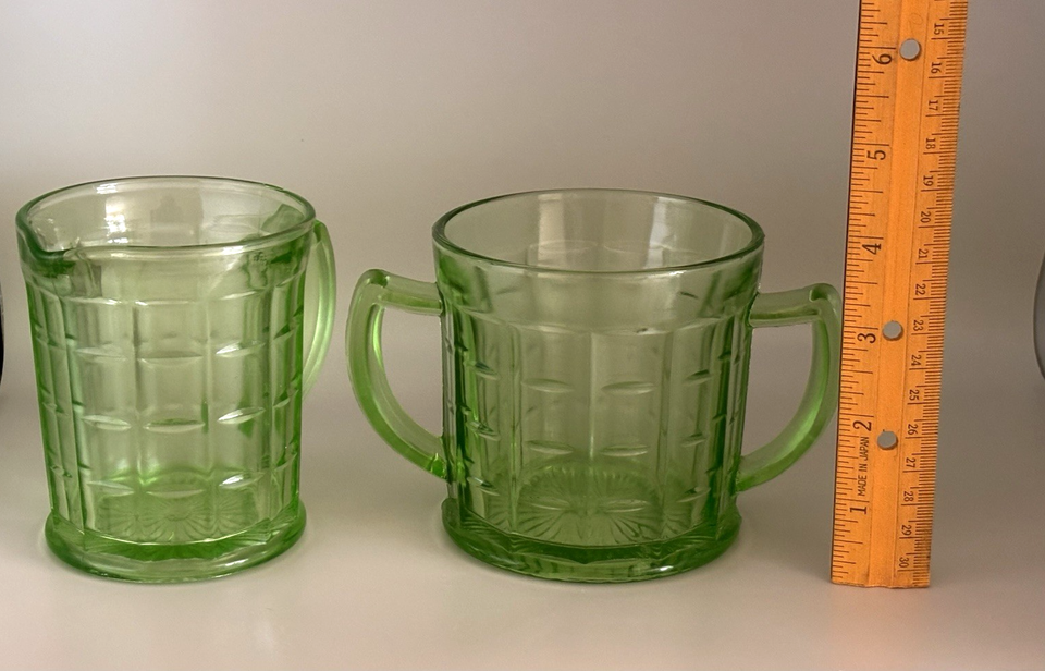 Vintage Hazel Atlas Colonial Block Green Uranium Glass Creamer & Open ...