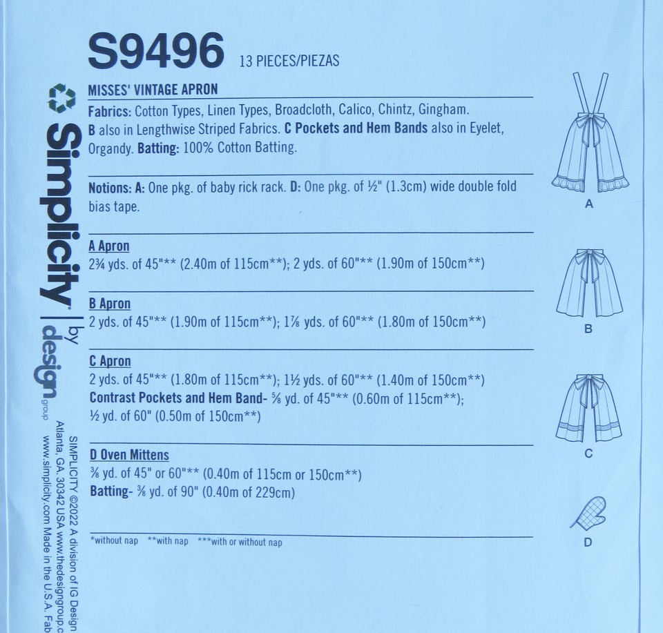 Simplicity Easy Sewing Pattern 9496: Vintage 1940s Style Aprons & Oven ...