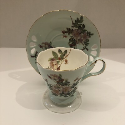 Meritage Tea Cup and Saucer Light Green Floral Multicolored Gold ...