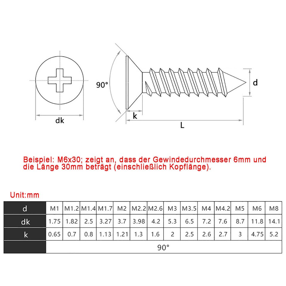 M4 M5 M6 M8 Blechschrauben Holzschrauben Senkkopf Kreuz A2 Edelstahl ...