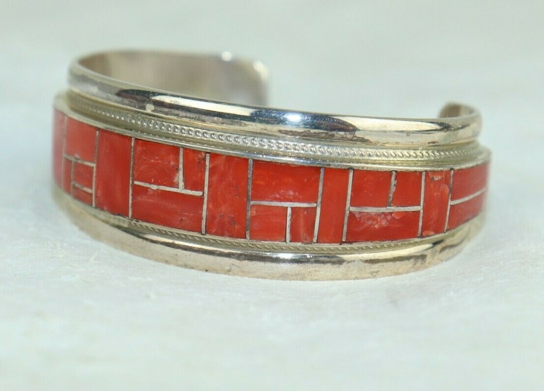 Zuni Sterling Silver Inlay Red Coral Cuff Bracelet - RGB Booqa | eBay