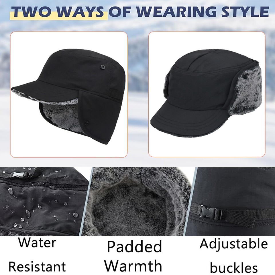 Winter Padded Hat Ear Flaps Thermal Hats Cold Weather Flat Caps Warm ...