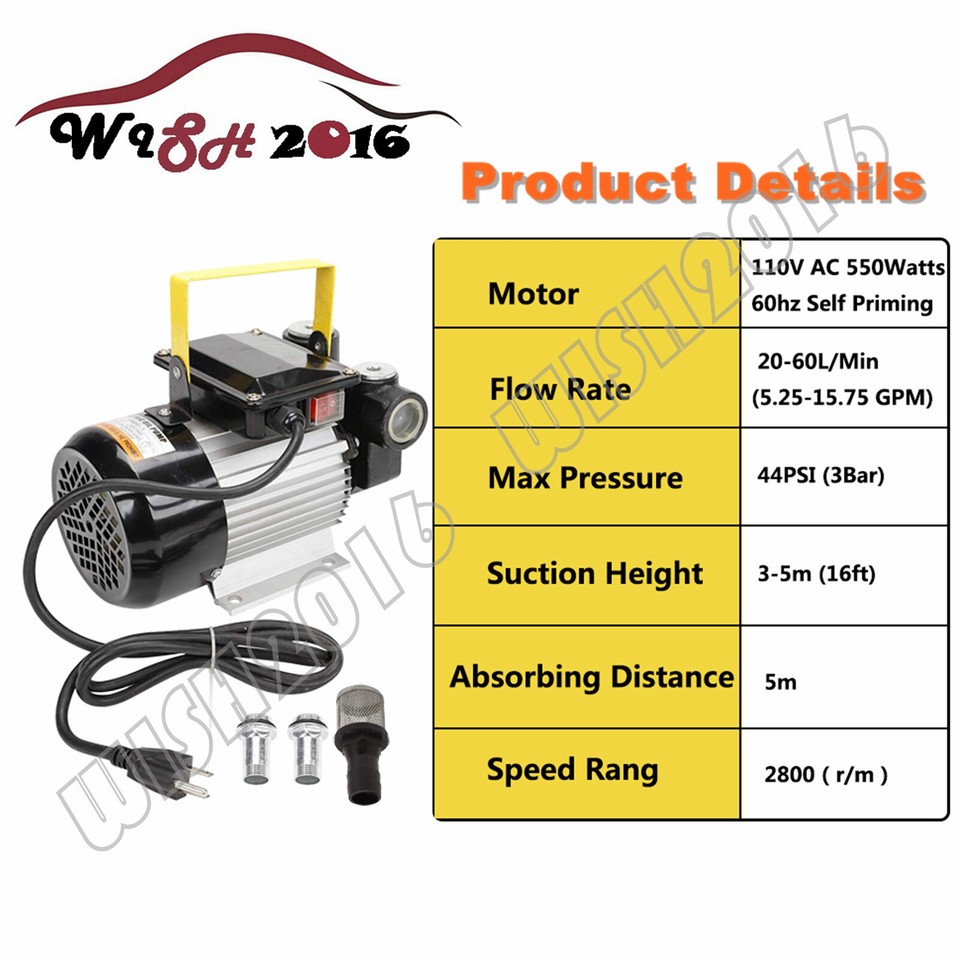 16GPM 550W Oil Diesel Fuel Transfer Pump Self Priming 110V AC 60L/min ...