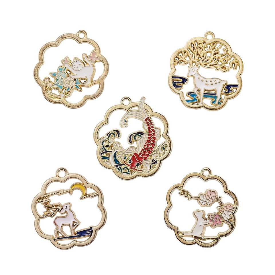 20x Enamel Cat Carp Fish Sika Deer Flower Charms Pendants for DIY ...