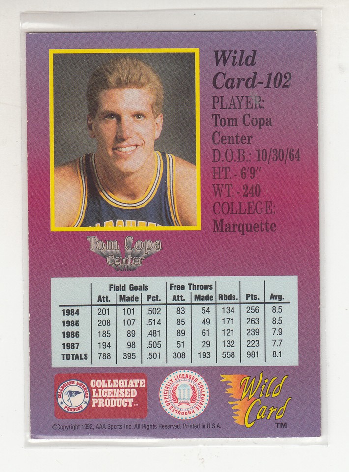 TOM COPA 1991-92 Wild Card NCAA 10 Stripe Parallel #102 Marquette Mint ...