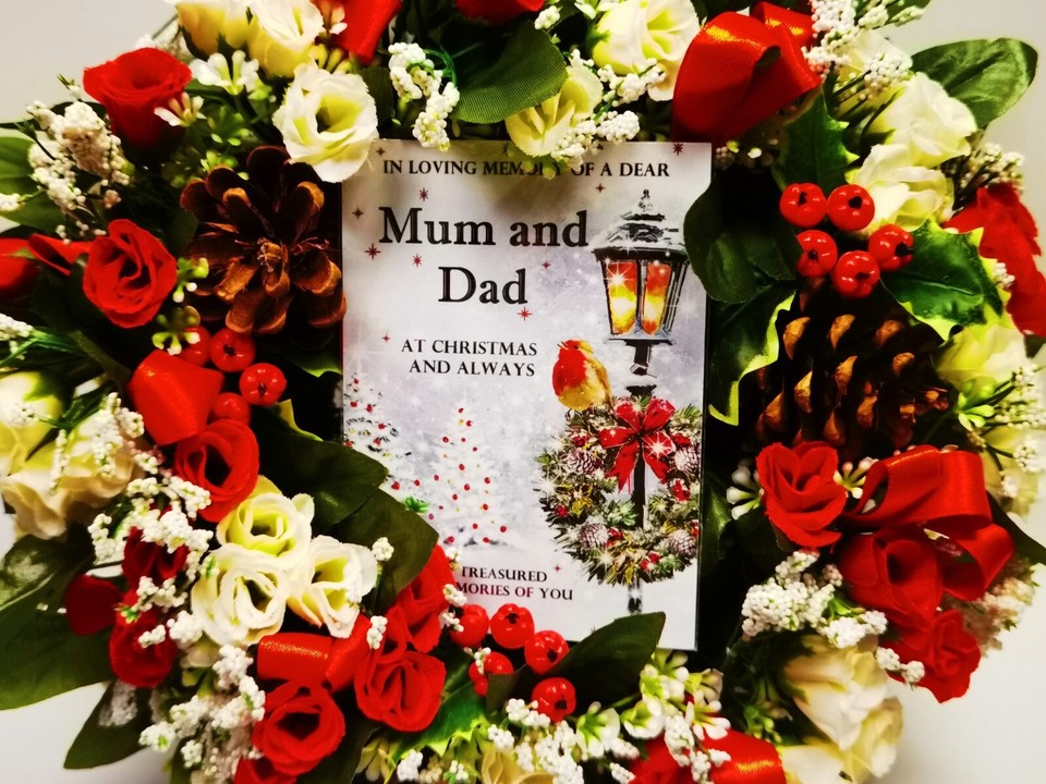 Christmas rose bud wreath.Grave memorial for Mum and Dad. With,cones ...