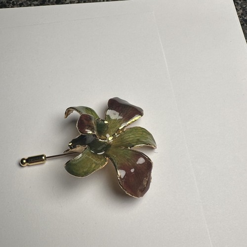 Gold Plate Encased Orchid Flower Green/Rust Color Brooch Pin - Very ...