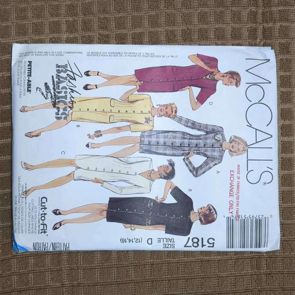 McCalls 5187 Misses Fitted Dress Fashion Basic Pattern 12-16 VTG 1991 ...