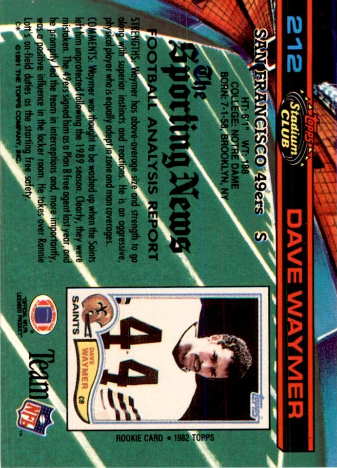 1991 Stadium Club Dave Waymer . San Francisco 49ers #212 | eBay