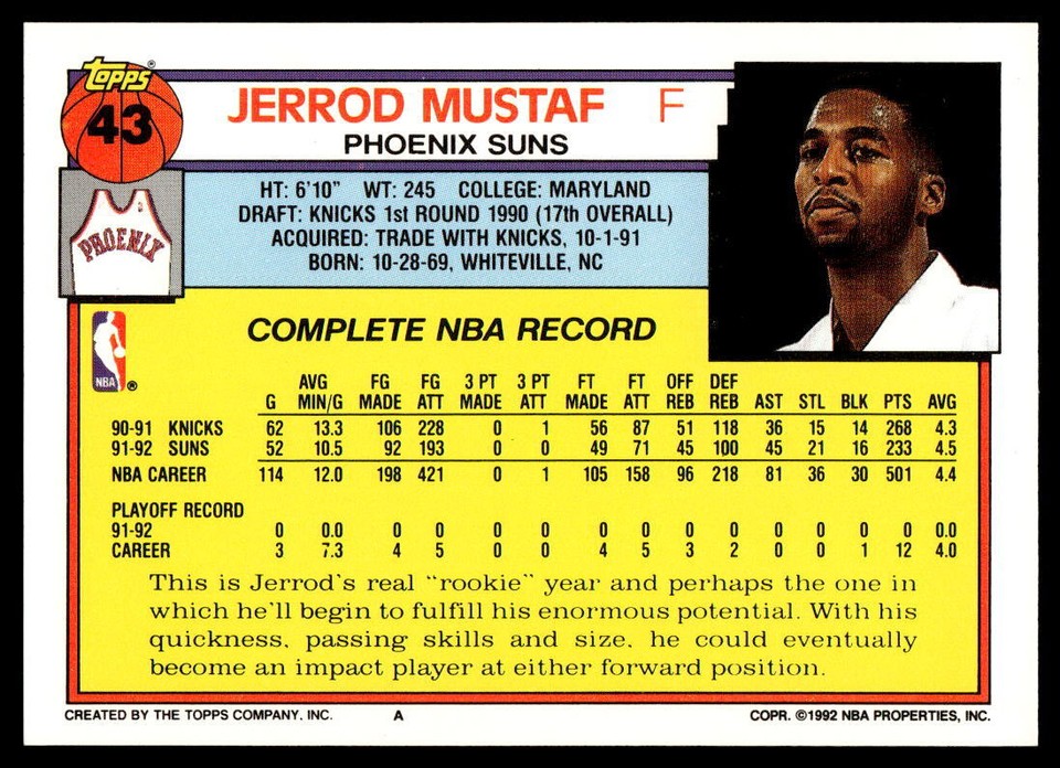 1992-93 Topps #43 Jerrod Mustaf Phoenix Suns | eBay