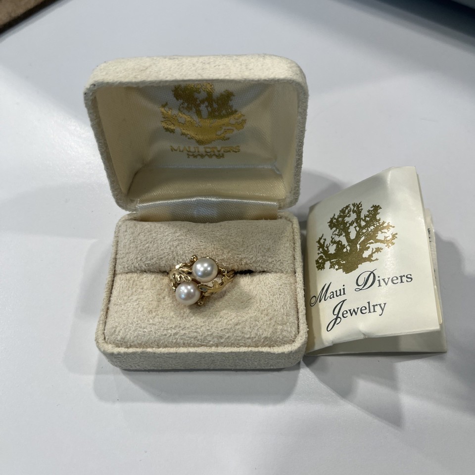 Maui Divers 14K Gold Ring 2 White Pearls & Diamond Accents , Hawaii ...