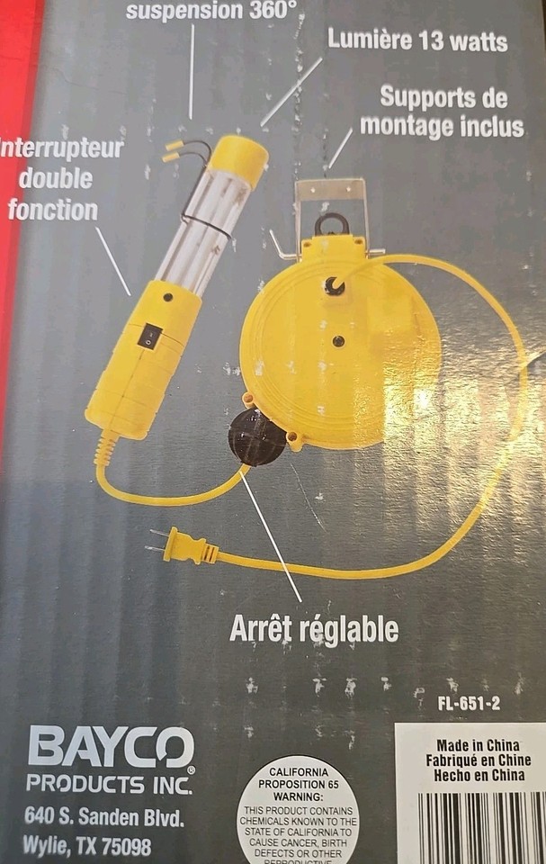 BAYCO Fluorescent Work Light W/20ft Retractable Reel Work Auto Shop ...