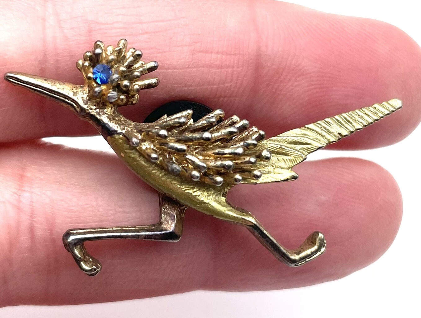 Vintage roadrunner lapel pin gold tone blue rhinestone eye 1 5/8 ...