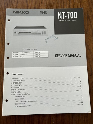Nikko NT-700 AM/FM Stereo Tuner Service Manual Original Genuine OEM ...